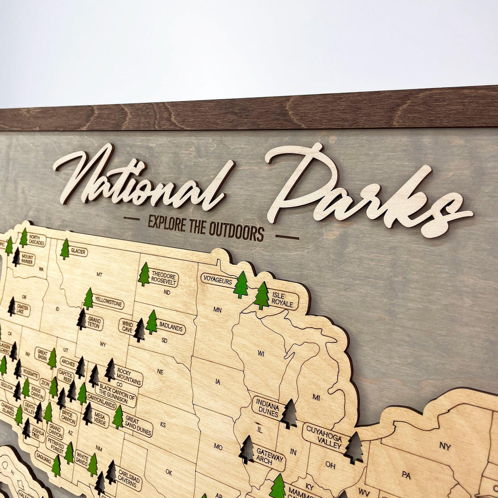US Wood National Parks Travel Map – Light grey